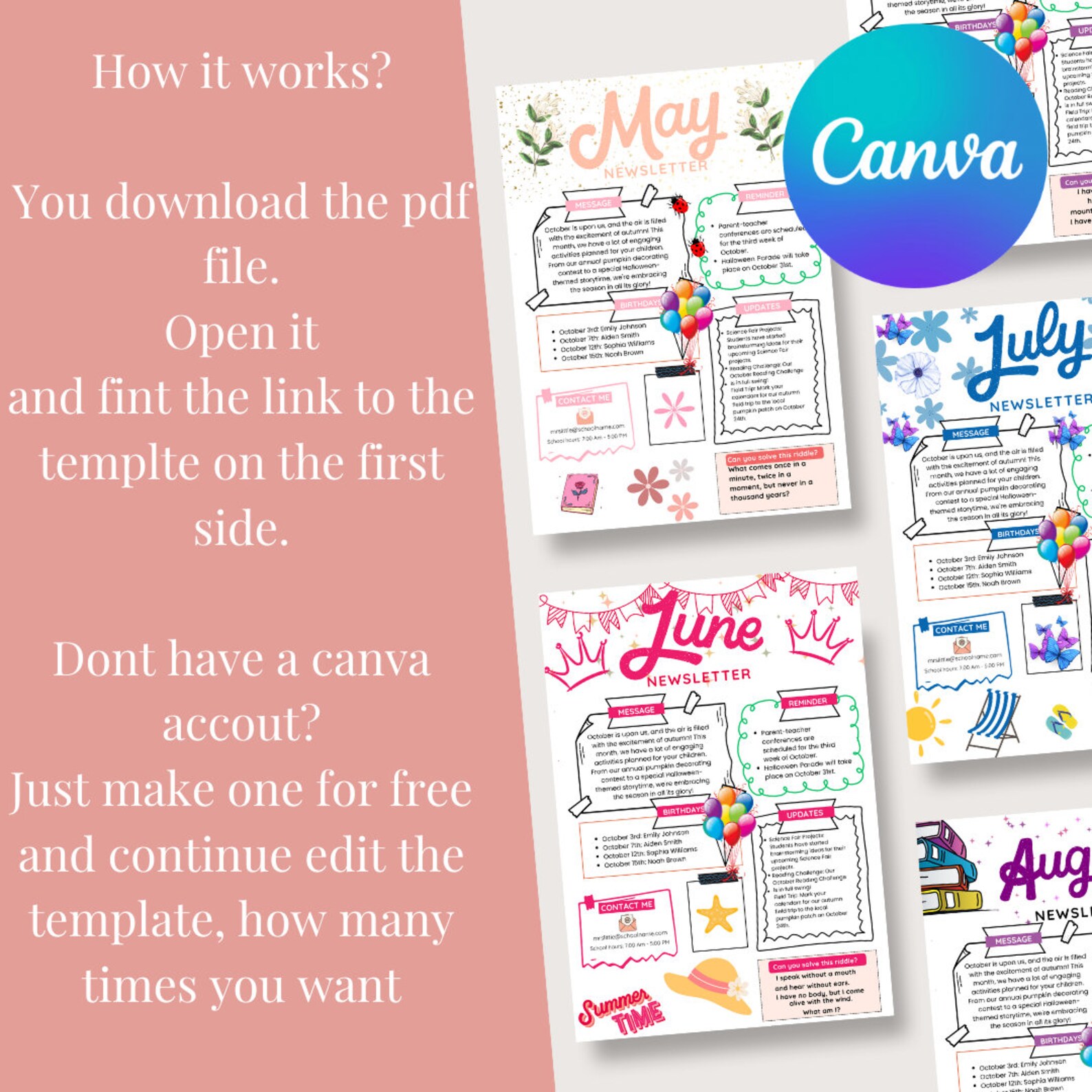 Newsletter Template, Editable Newsletter, Monthly Newsletter, School ...