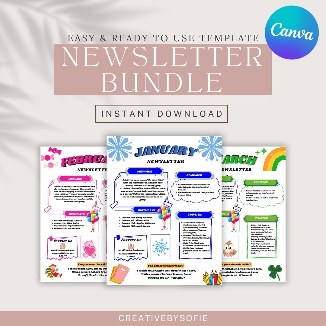 Newsletter Template, Editable Canva Template for Monthly School and ...