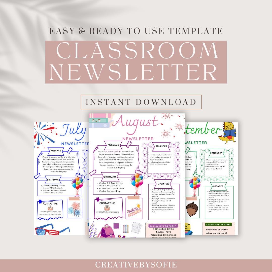 Newsletter Template, Editable Newsletter, Monthly Newsletter, School ...