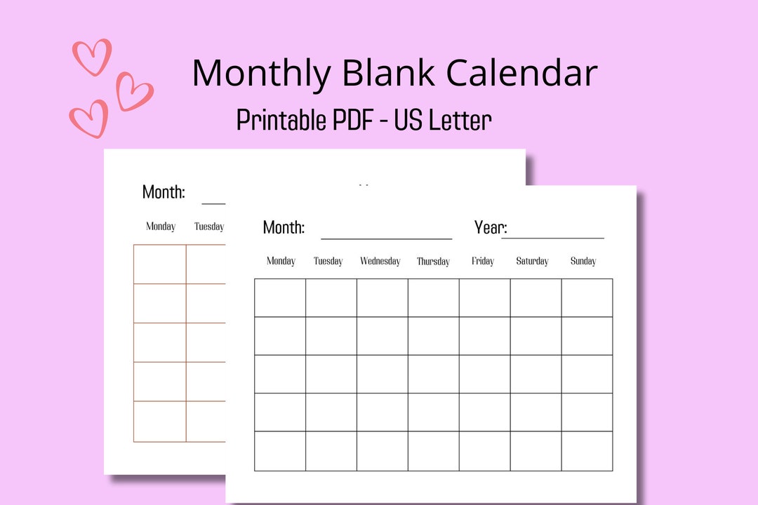 Monthly Blank Calender monday-start, Simple Calendar, 11 X 8.5 Inches ...