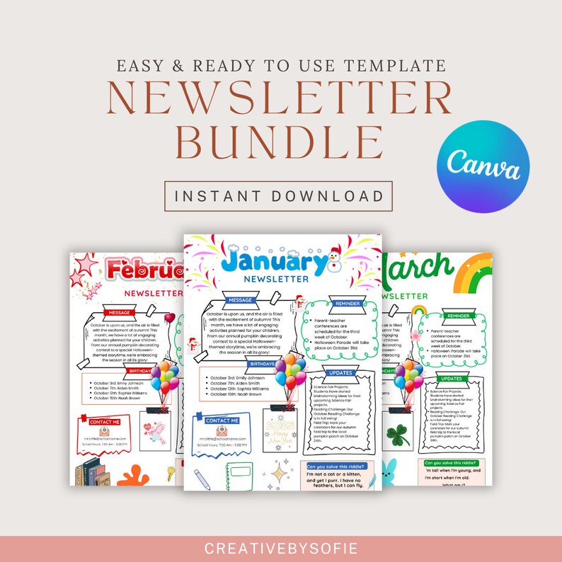 Newsletter Template, Editable Newsletter, Monthly Newsletter, School ...