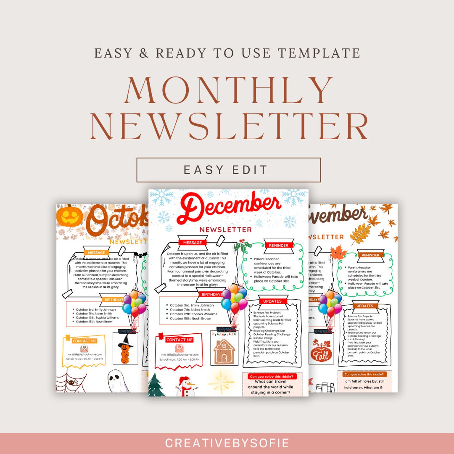 Newsletter Template, Editable Newsletter, Monthly Newsletter, School ...