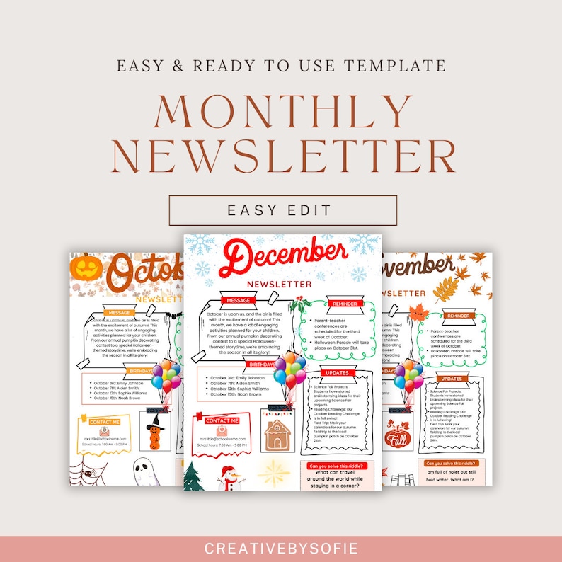 Newsletter Template, Editable Newsletter, Monthly Newsletter, School ...
