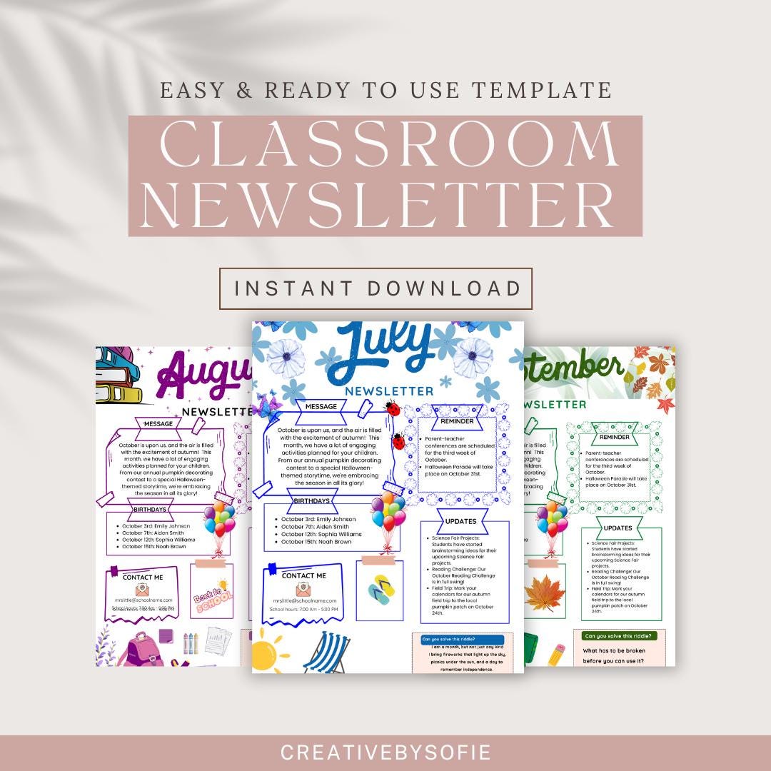 Newsletter Template, Editable Monthly School Classroom Teacher ...