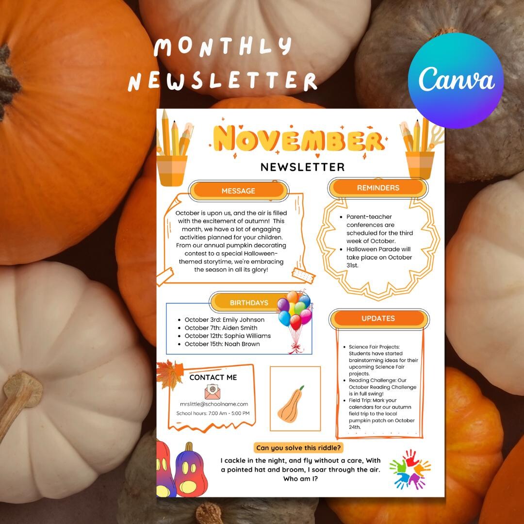 Editable Fall School Newsletter Template for Canva Monthly Classroom ...