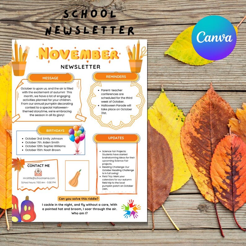 Editable Fall School Newsletter Template for Canva Monthly Classroom ...