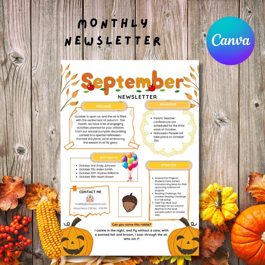 September Editable School Canva Monthly Classroom Newsletter Template ...