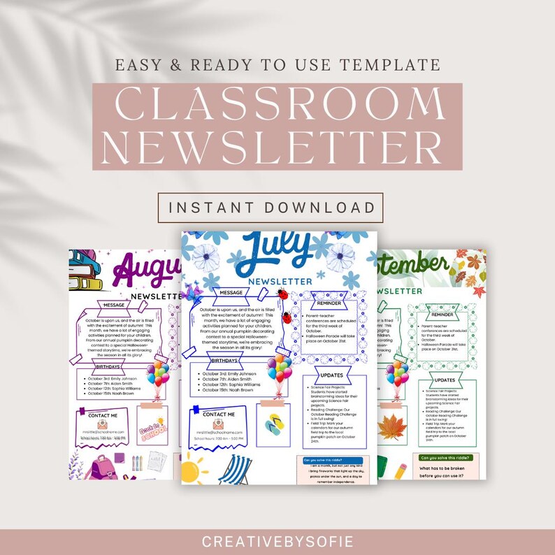 Newsletter Template, Editable Newsletter, Monthly Newsletter, School ...