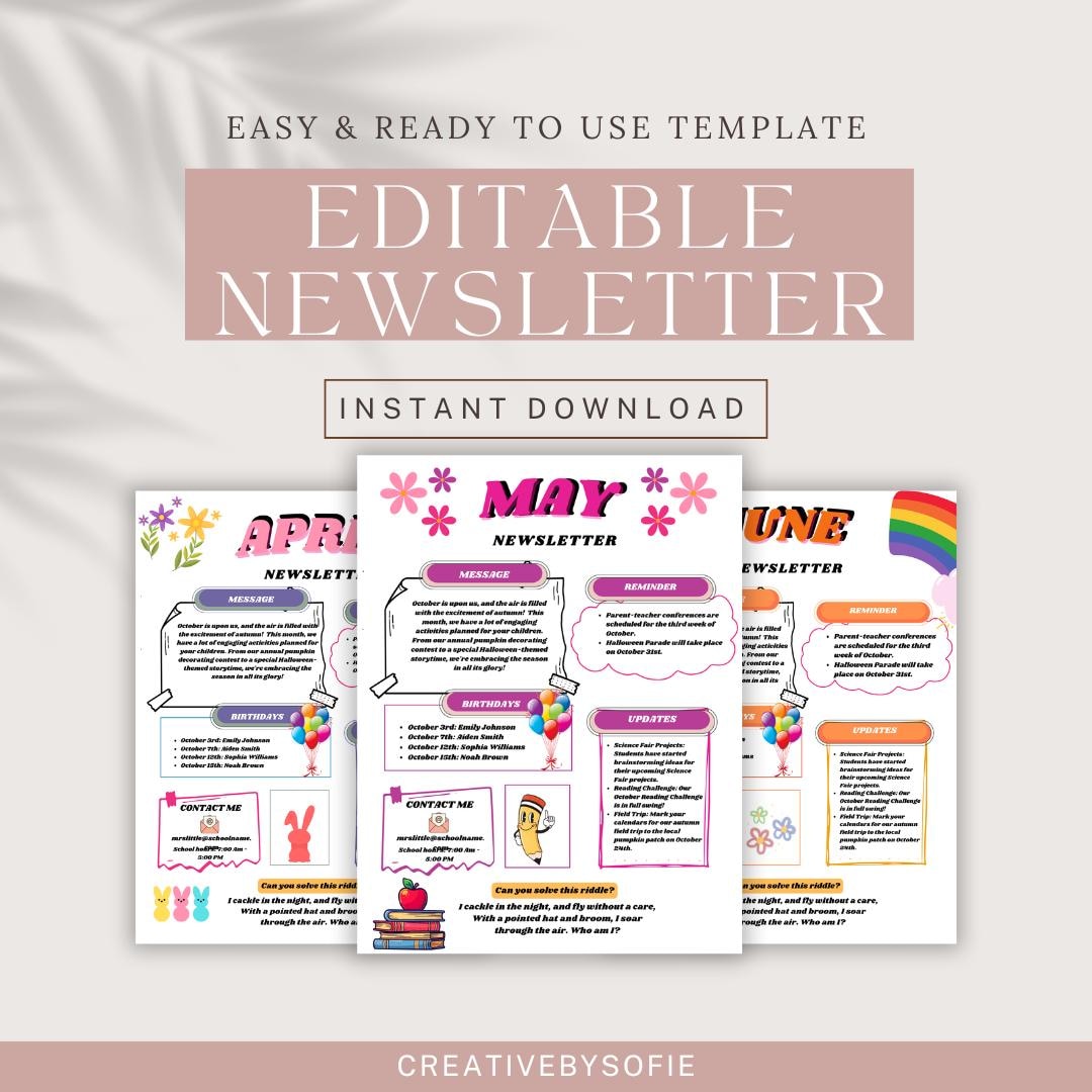 Newsletter Template, Editable Monthly School Newsletter Canva Template ...