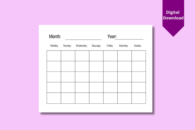 Monthly Blank Calender monday-start, Simple Calendar, 11 X 8.5 Inches ...