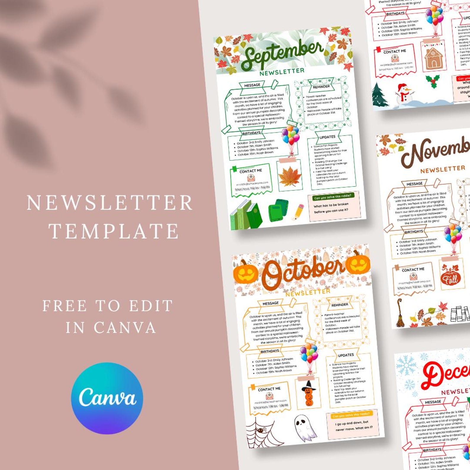 Newsletter Template, Editable Newsletter, Monthly Newsletter, School ...