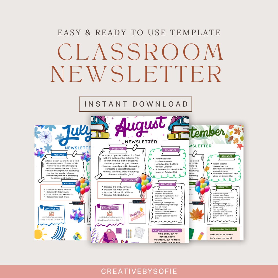 Newsletter Template, Editable Newsletter, Monthly Newsletter, School ...