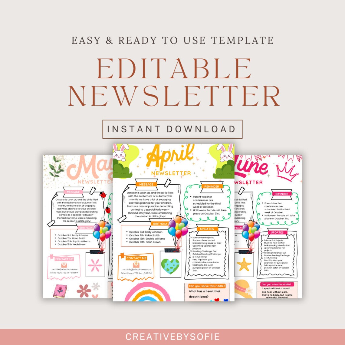 Newsletter Template, Editable Newsletter, Monthly Newsletter, School ...