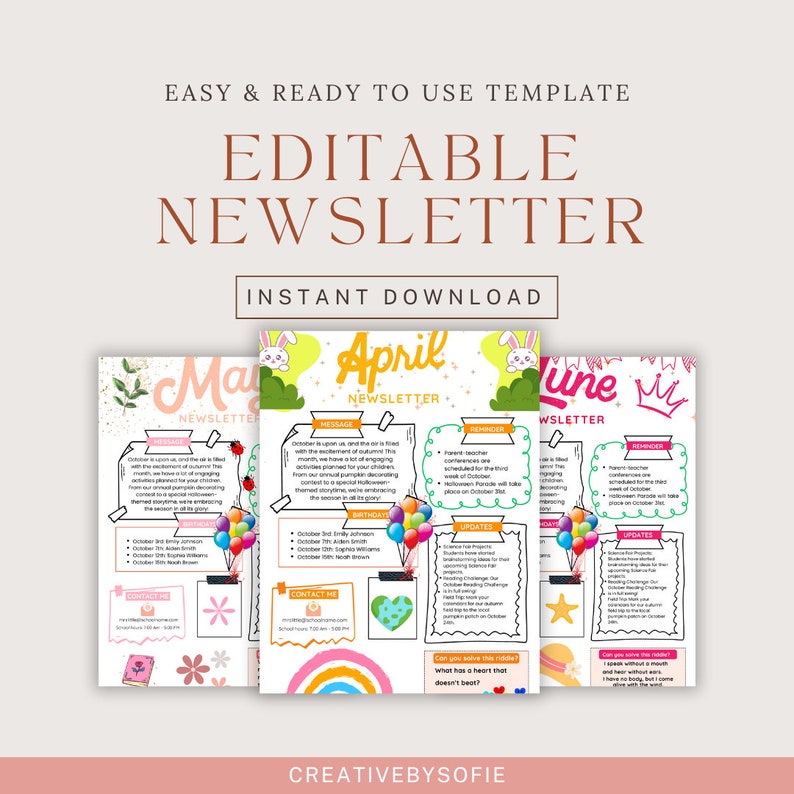 Newsletter Template, Editable Newsletter, Monthly Newsletter, School ...