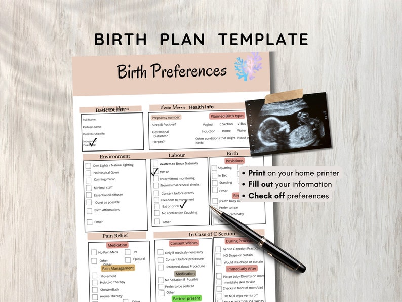 Birth Plan Template, Pregnancy Planner, Labor and Delivery, Natural ...