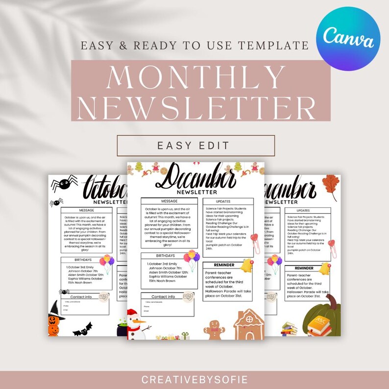 Newsletter Template, Editable Newsletter, Monthly Newsletter, School ...