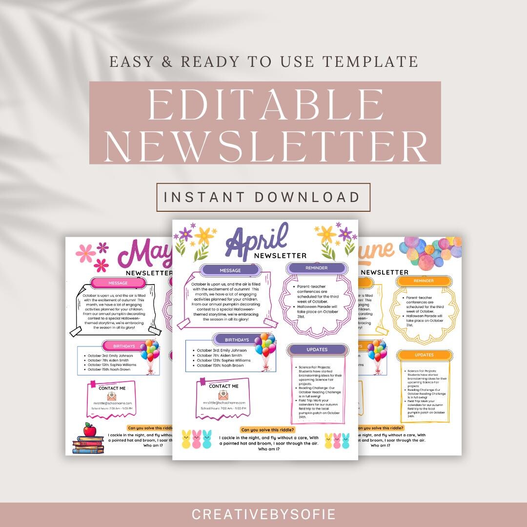 Editable Monthly Printable Newsletter Template for School and Classroom ...