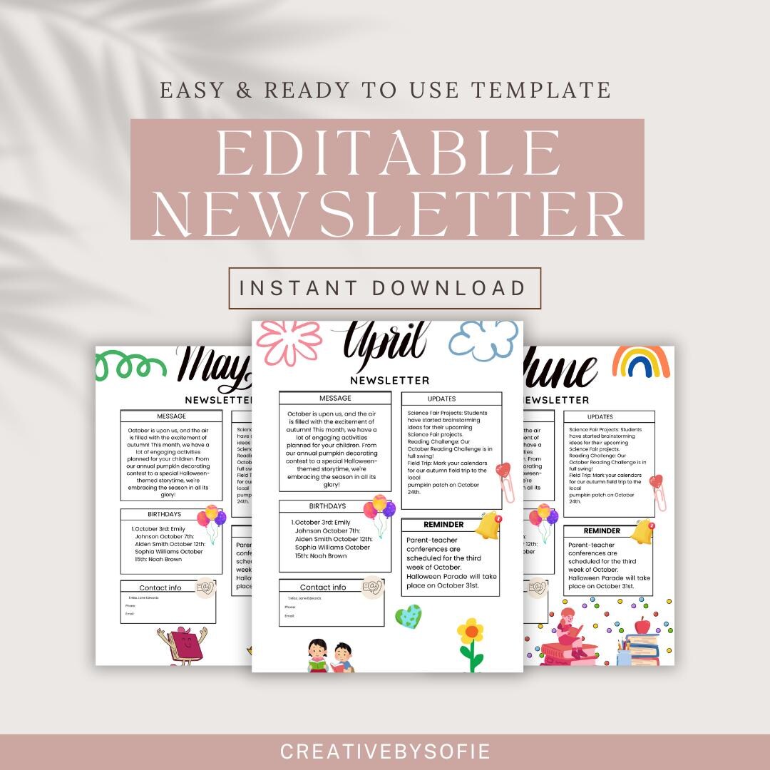 Newsletter Template, Editable Newsletter, Monthly Newsletter, School ...