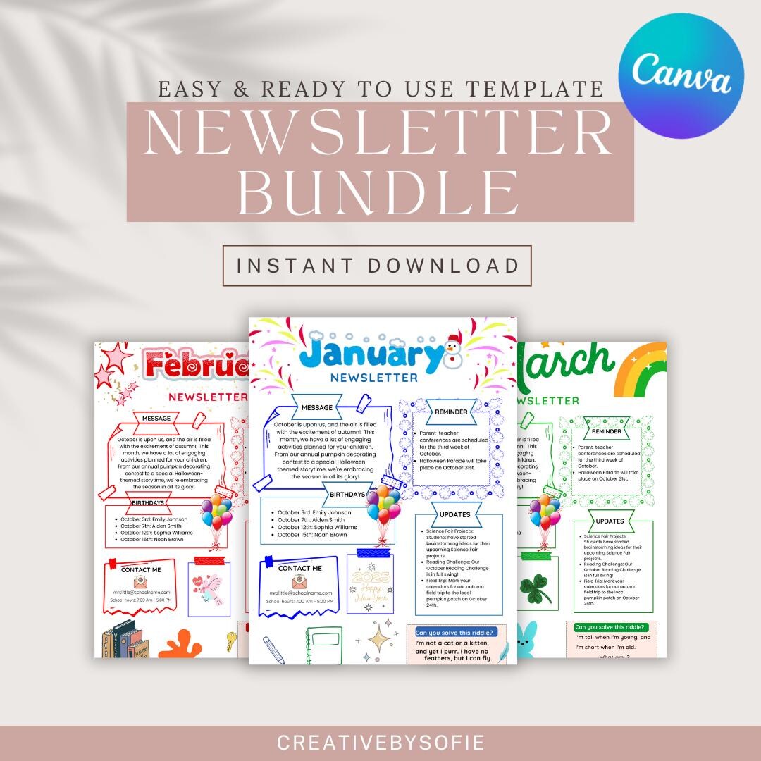Newsletter Template, Editable Canva Template for Monthly School and ...