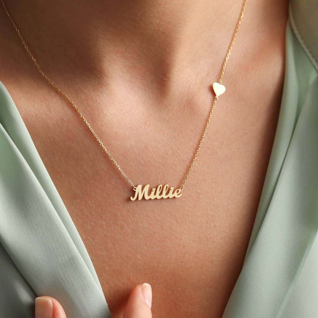 14K Solid Gold Heart Name Necklace: Personalized Initial Jewelry - Etsy