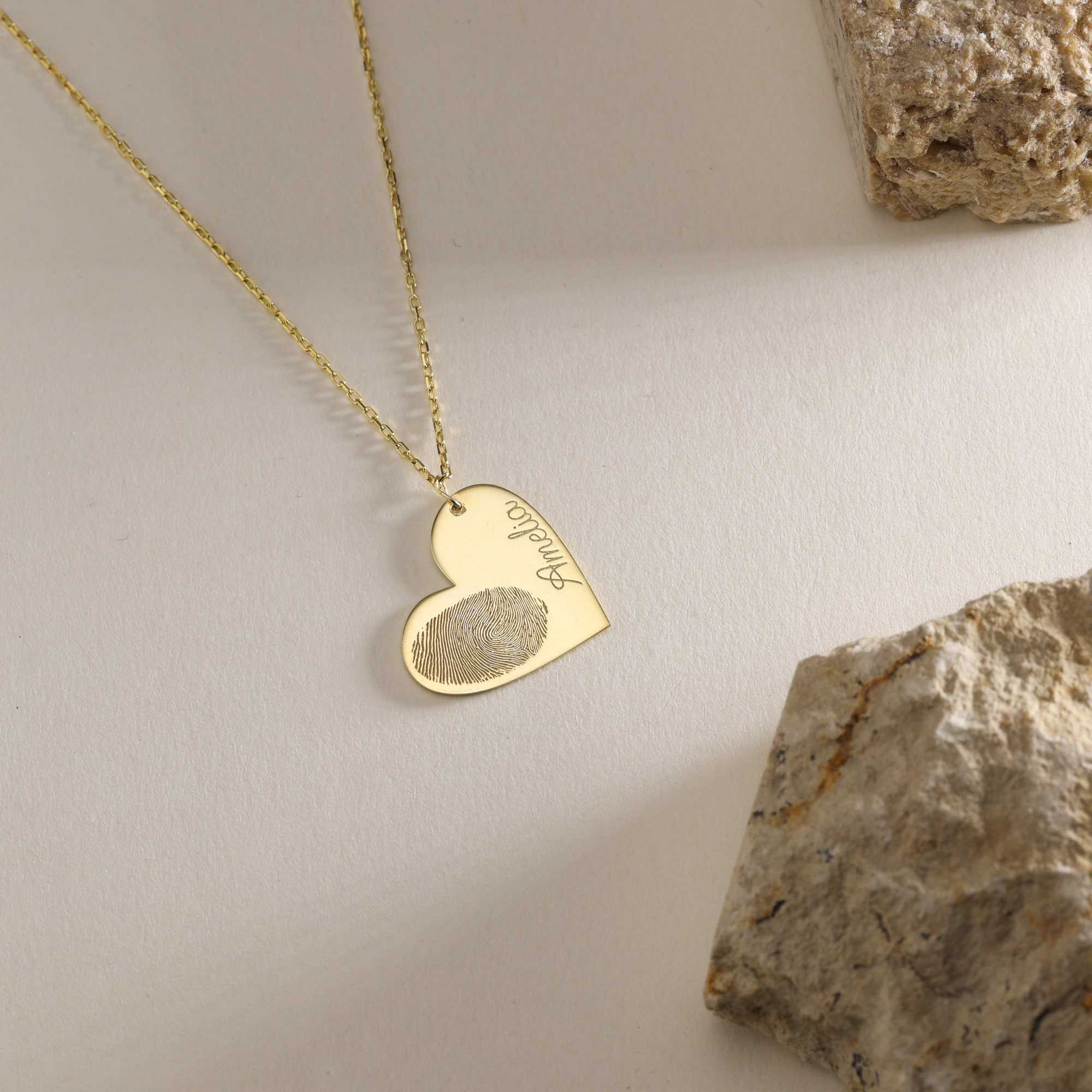 Custom 14K Gold Actual Fingerprint Necklace, Name Necklace, Heart Charm ...