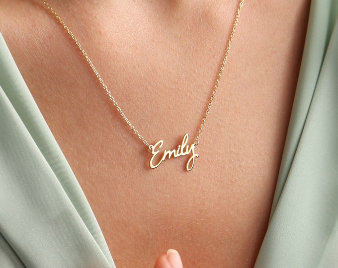 Custom 14K Solid Gold Cursive Name Necklace: Personalized Charm - Etsy