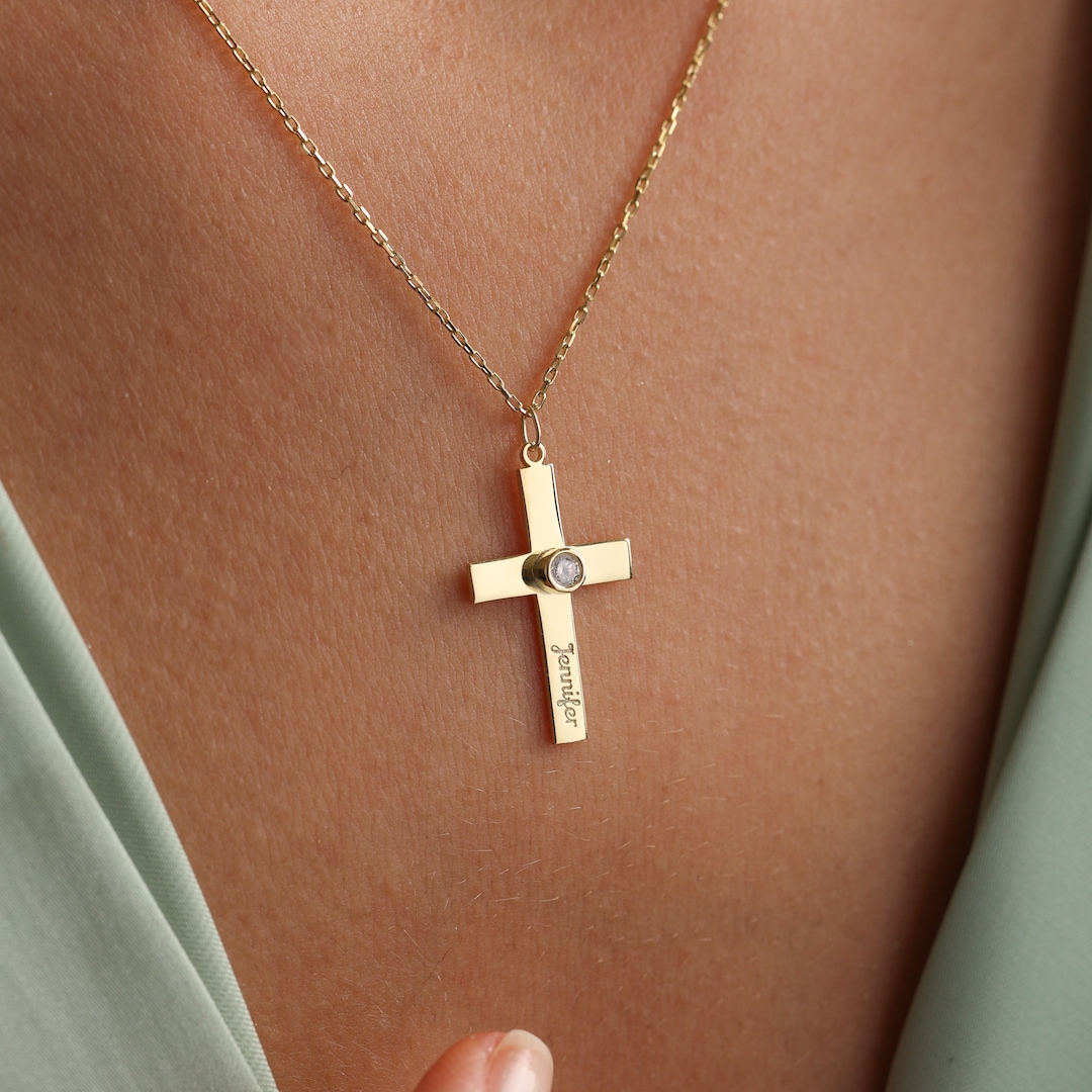 Personalized 14K Gold Cross Necklace: Name & Birthstone Pendant - Etsy