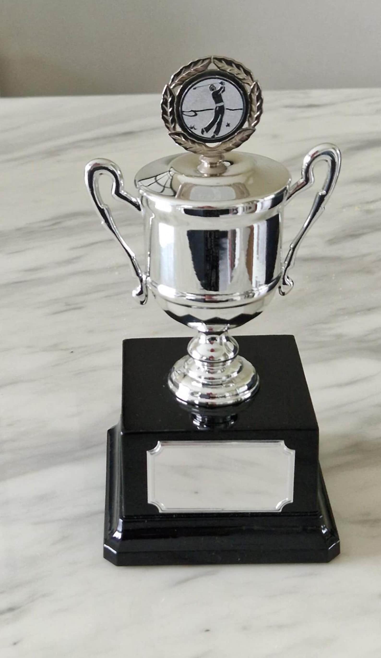 Personalised 20cm Silver Nickel Plated Cast Golf Cup Trophy on Black ...