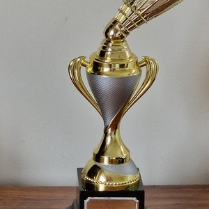 Personalised Badminton Shuttlecock Cup Trophy With Black Base. Silver ...