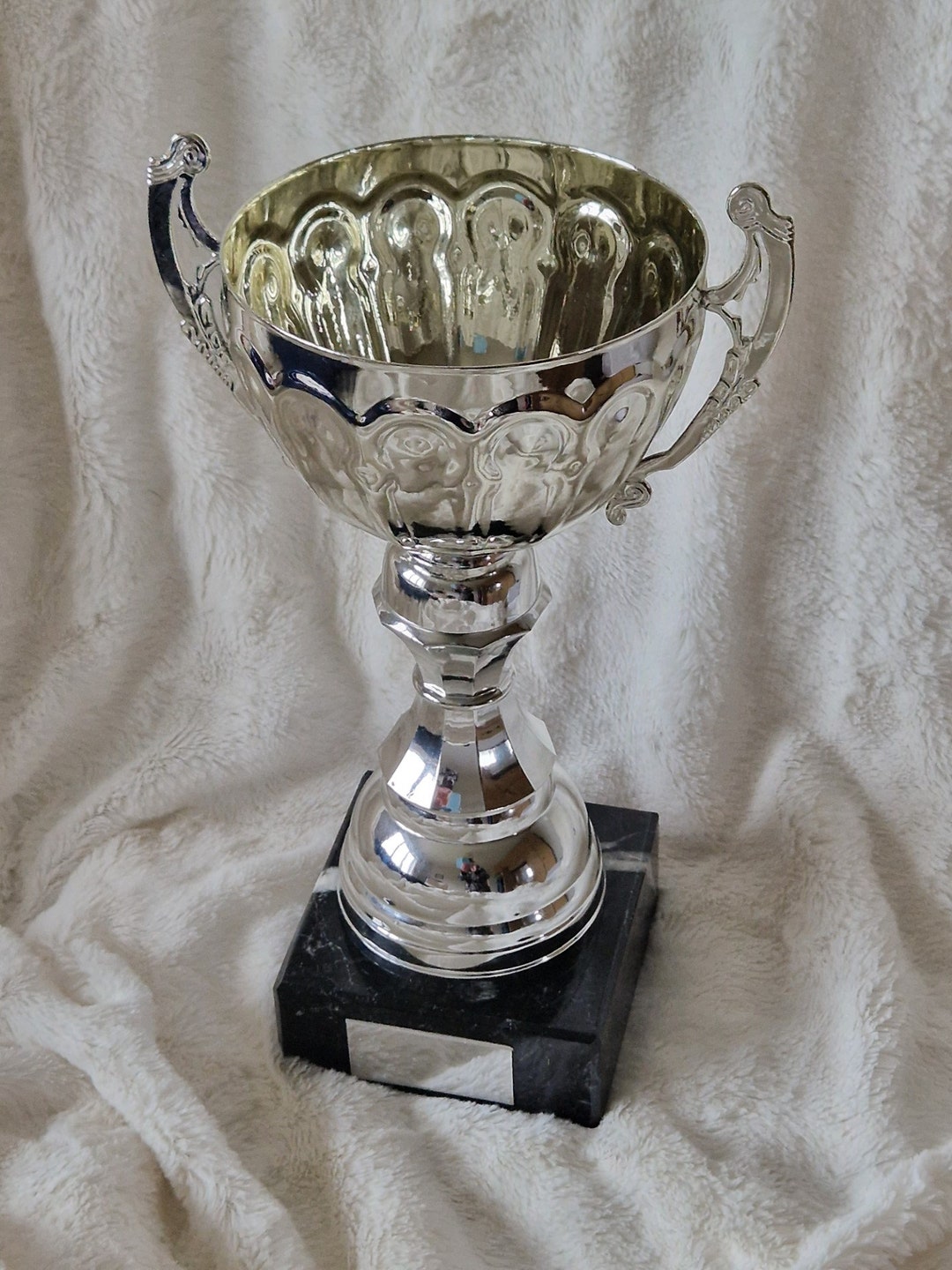Personalised Chrome Ornate Trophy Cup on Large Black Marble Base. 28 Cm ...