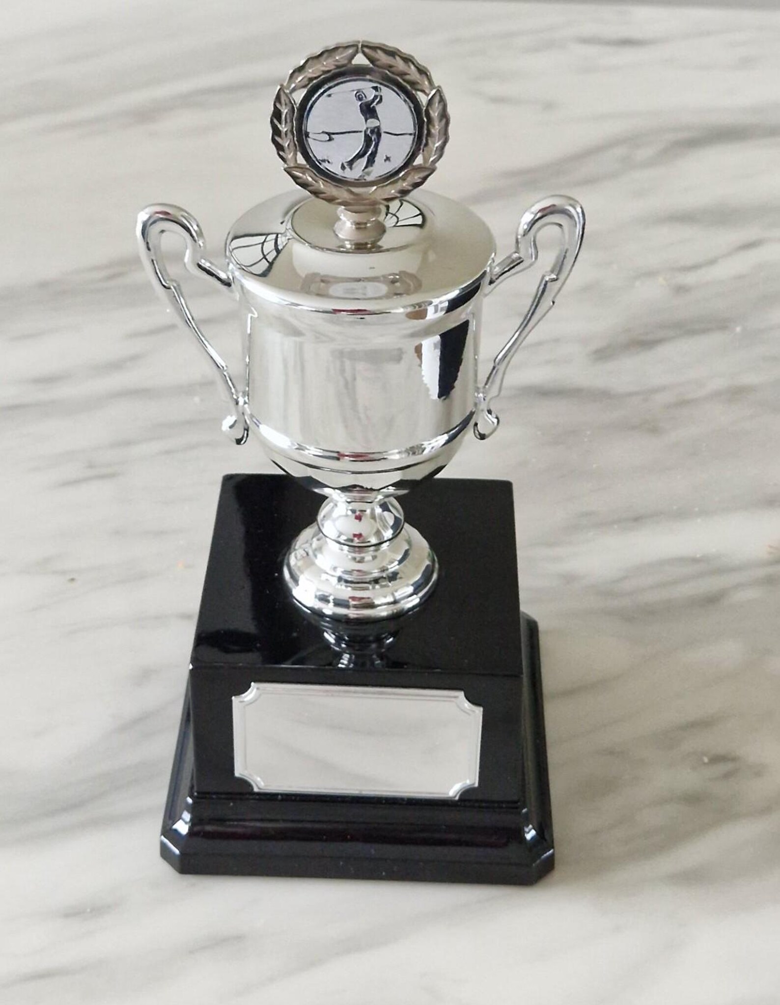 Personalised 20cm Silver Nickel Plated Cast Golf Cup Trophy on Black ...