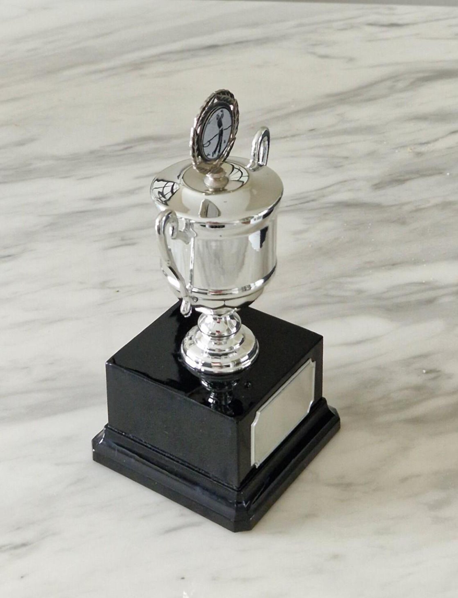 Personalised 20cm Silver Nickel Plated Cast Golf Cup Trophy on Black ...