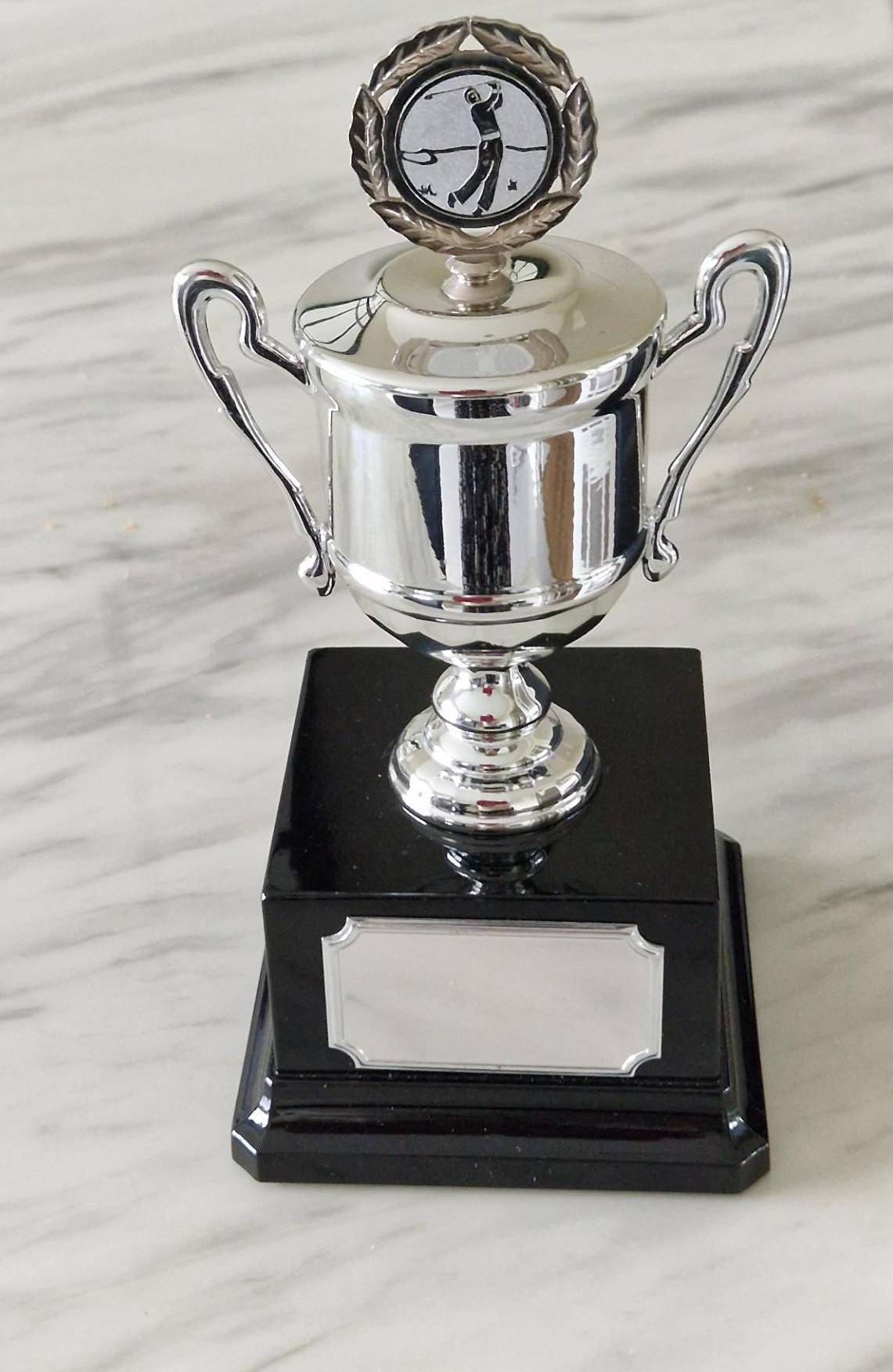 Personalised 20cm Silver Nickel Plated Cast Golf Cup Trophy on Black ...