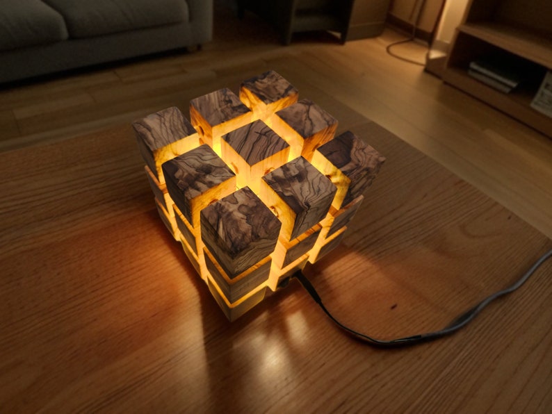 Handmade Olive Wood Cube LED Night Lamp - Etsy