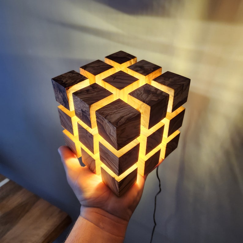 Handmade Olive Wood Cube LED Night Lamp - Etsy