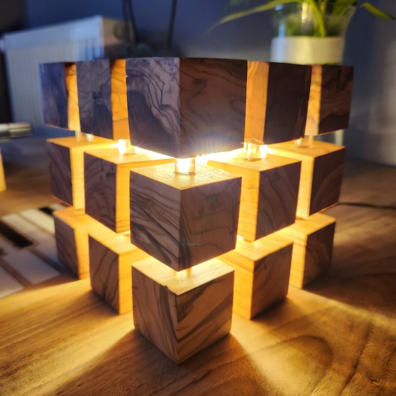 Handmade Olive Wood Cube LED Night Lamp - Etsy