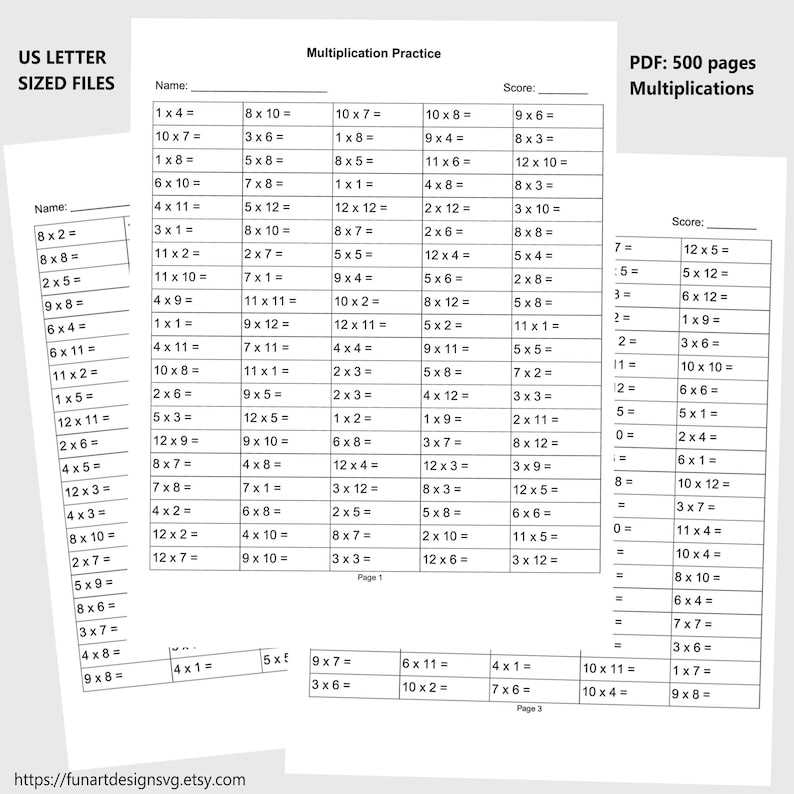 500 Printable Multiplication Worksheets. Numbers From 1 to 12. - Etsy