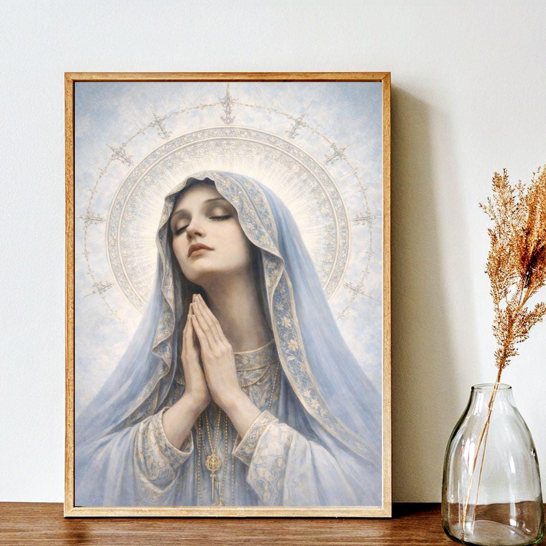 Virgin Mary Prayer Wall Art – Soft Blue Christian Art, Catholic Digital ...