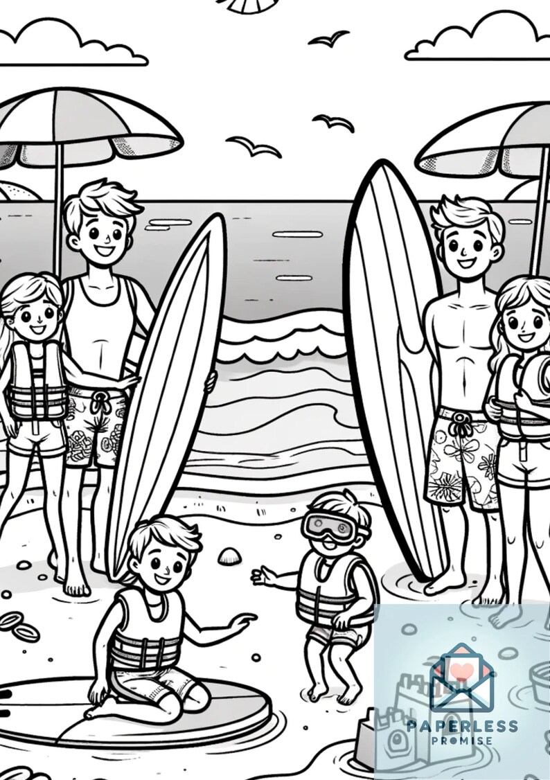 Surfing Coloring Book for Kids: Beach Summer Activity (instant Download ...