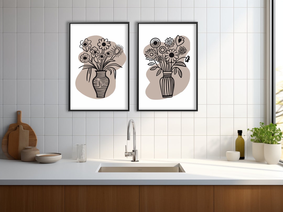 Poppy Flower Line Drawing Kitchen Wall Art Diptych Art Sunflower ...