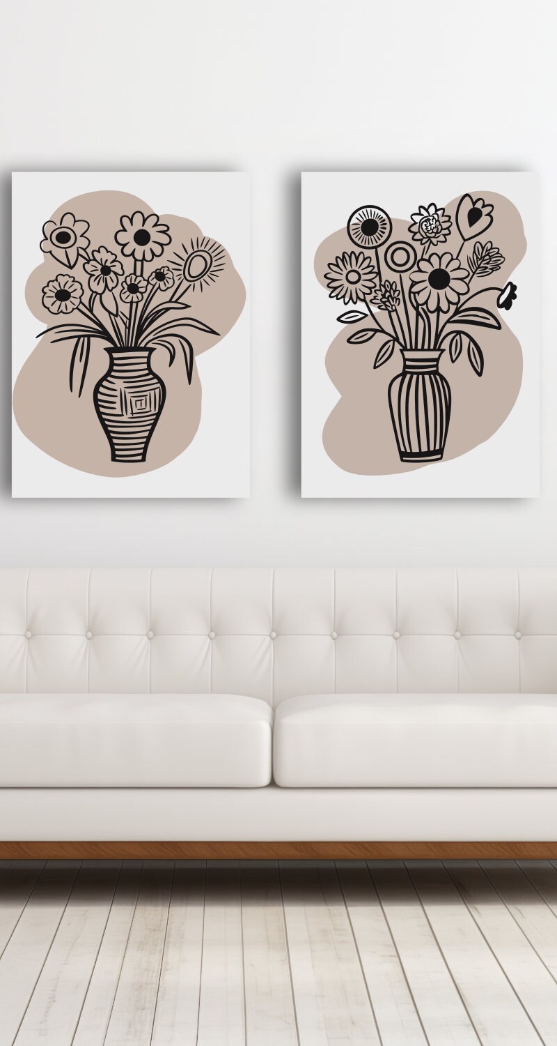 Poppy Flower Line Drawing Kitchen Wall Art Diptych Art Sunflower ...