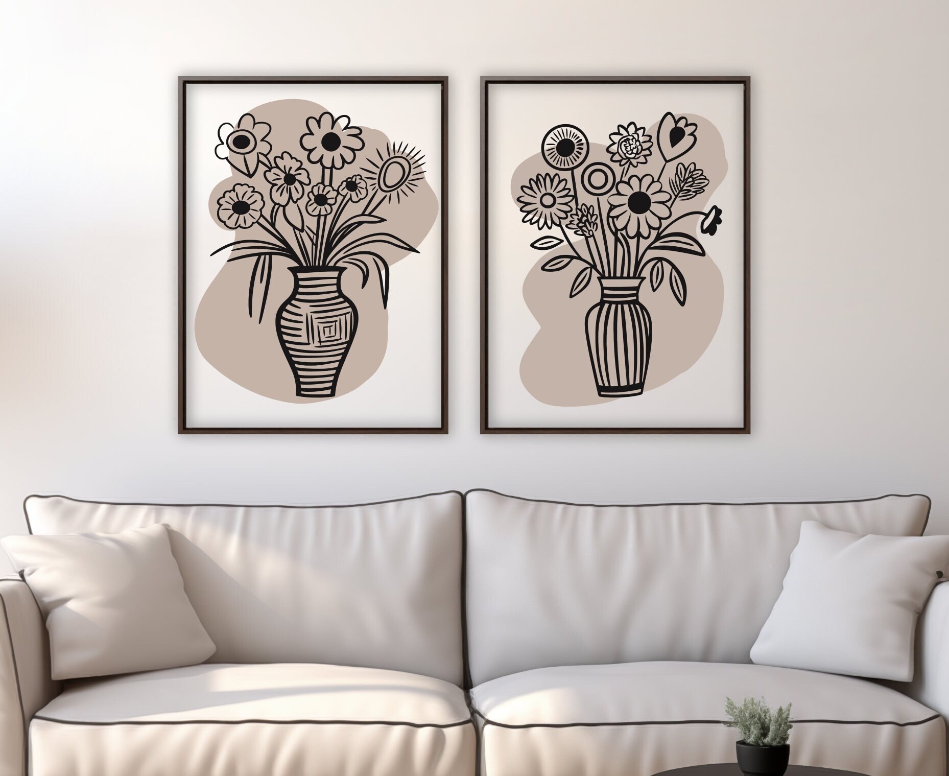 Poppy Flower Line Drawing Kitchen Wall Art Diptych Art Sunflower ...