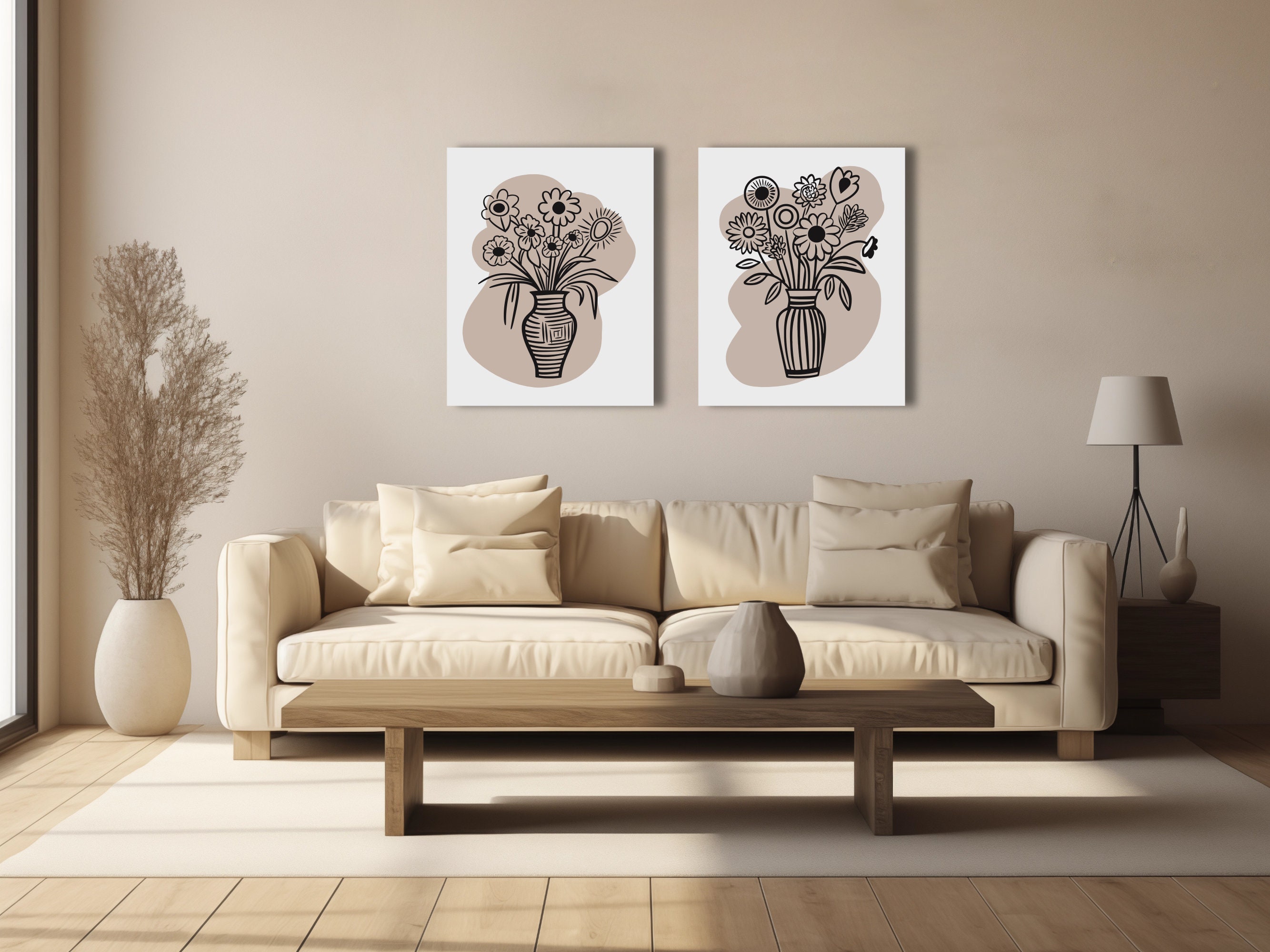 Poppy Flower Line Drawing Kitchen Wall Art Diptych Art Sunflower ...