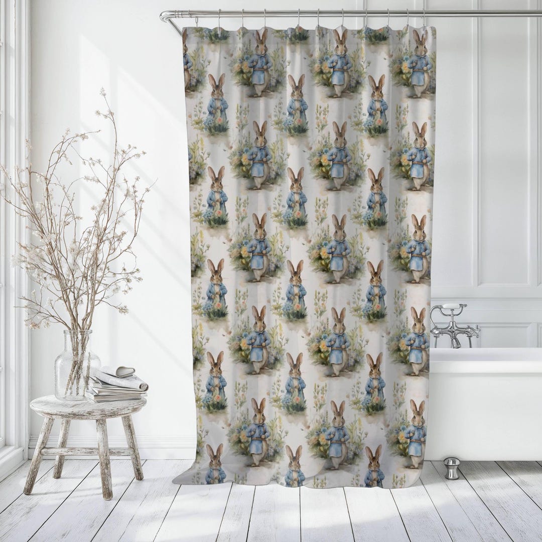Bunny Rabbit Shower Curtain - Rabbits and Flowers Bath Curtain Kids ...