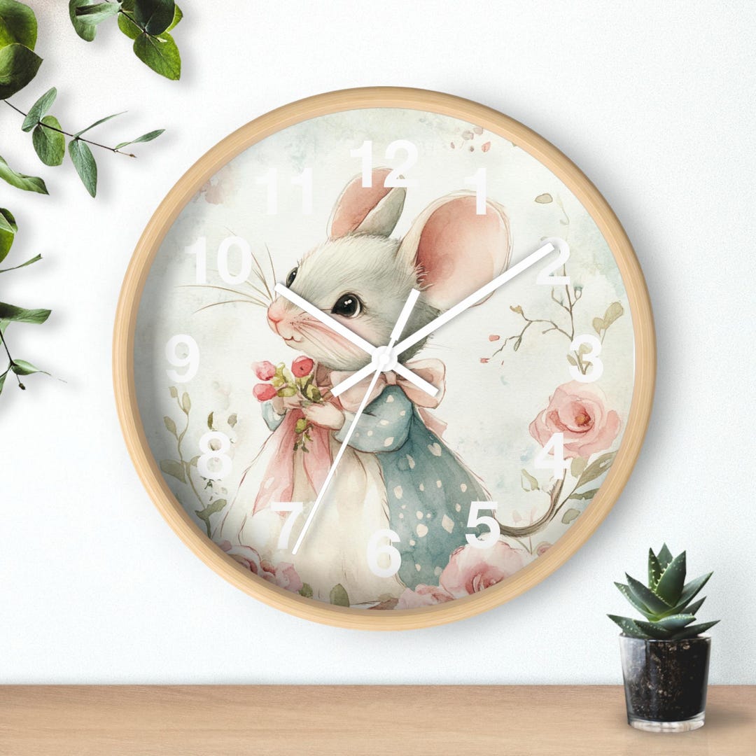 Mouse and Flowers Wall Clock Cute Animal Wall Clock Kids Room Wall ...