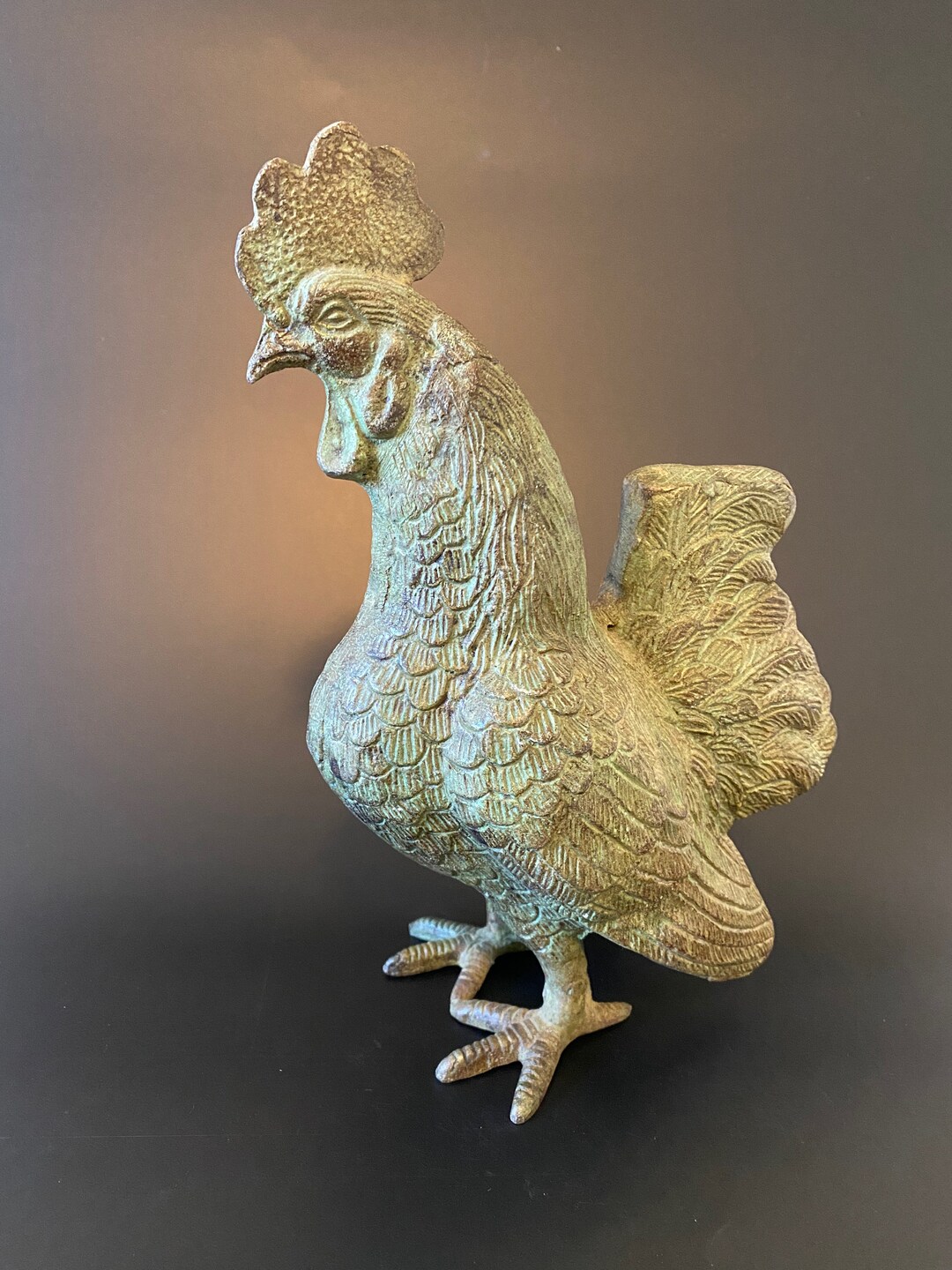Vintage Metal Iron Rooster, Chicken, Green Patina, Farmhouse Decor ...