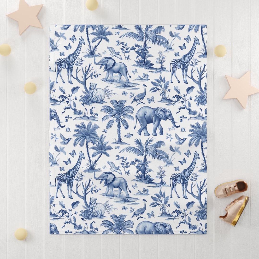 Toile Baby Blanket Blue Elephant Toile Safari Baby Blanket Jungle Baby ...