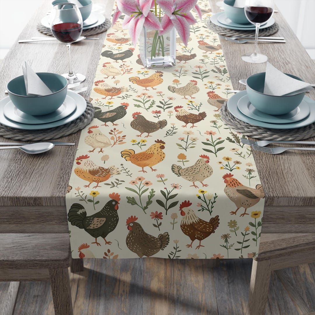 Chickens and Flowers Table Runner Rooster Table Decor Farmhouse Chicken ...