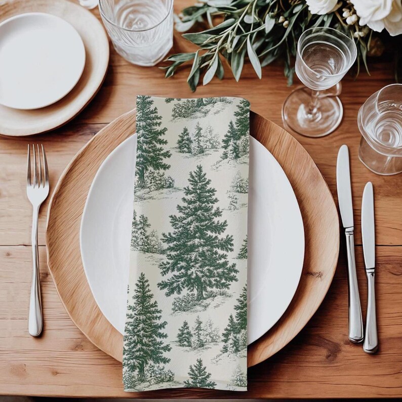 Green Toile Christmas Tree Napkin Set Holiday Dinner Decor Festive ...