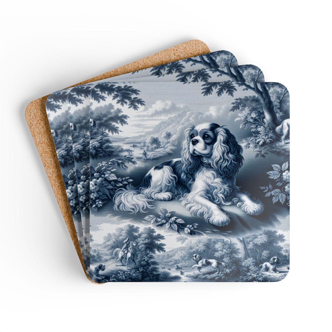 Blue Toile Spaniel Cork Coaster Set Cavalier King Charles Spaniel ...